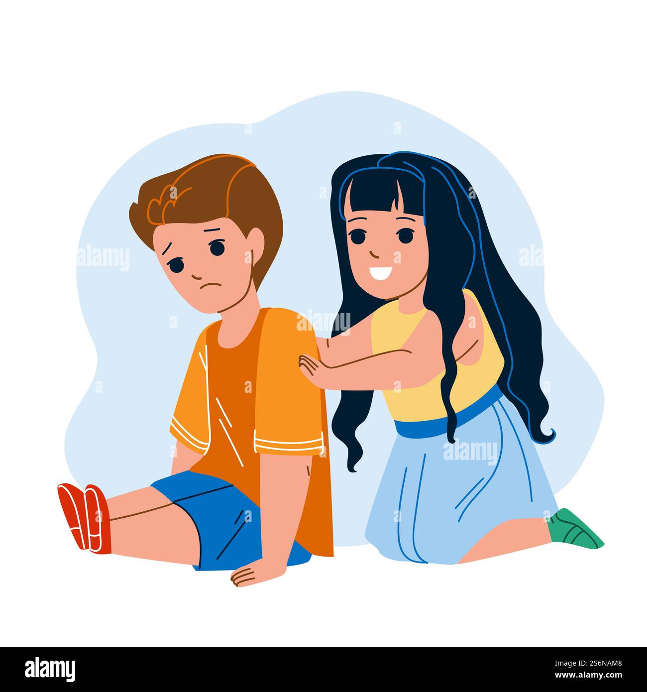 Kids Empathy Upset Friend In Kindergarten Vector. Girl Consoling And ...
