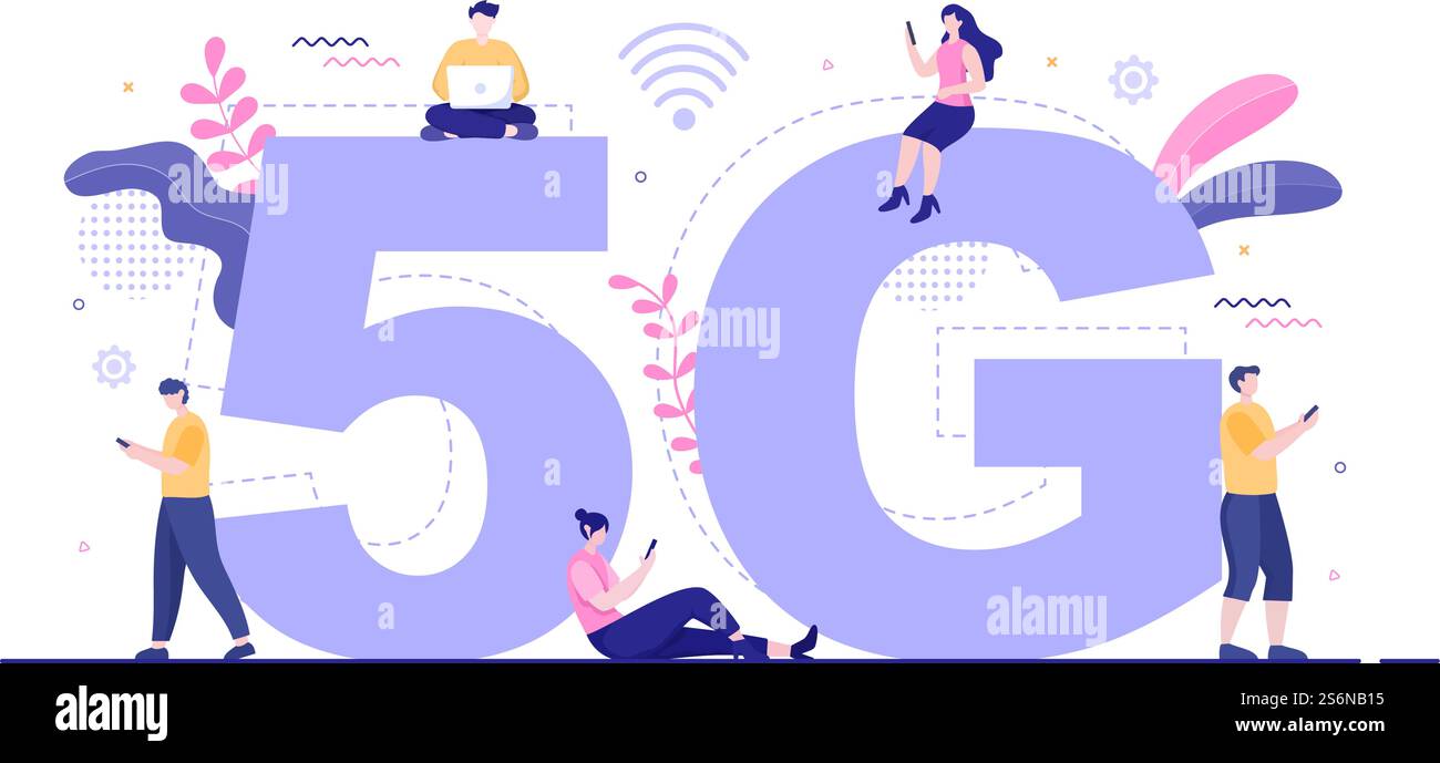 5G Network Wireless Technology Smartphone with Transmitter Tower Set Up High-Speed Mobile ...