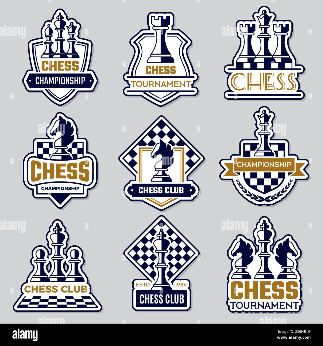 Chess emblem. Sport club logo with chess symbols knight pawn rook ...