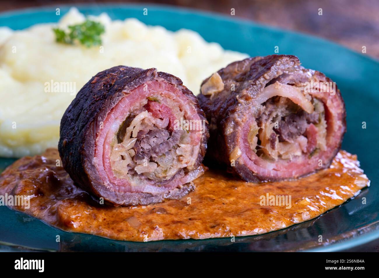German meat roulade with mashed potatoes Stock Photo - Alamy