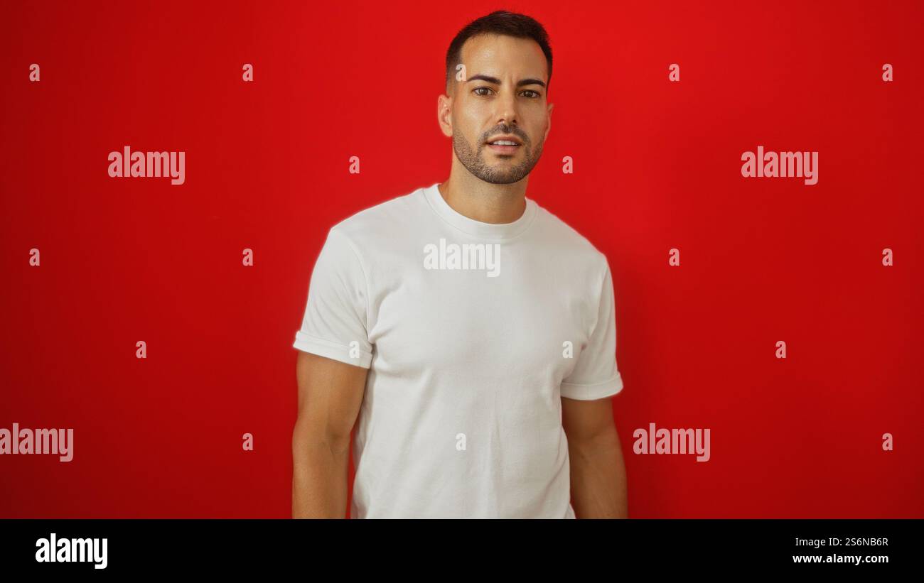 Young hispanic man with a beard standing against an isolated red ...