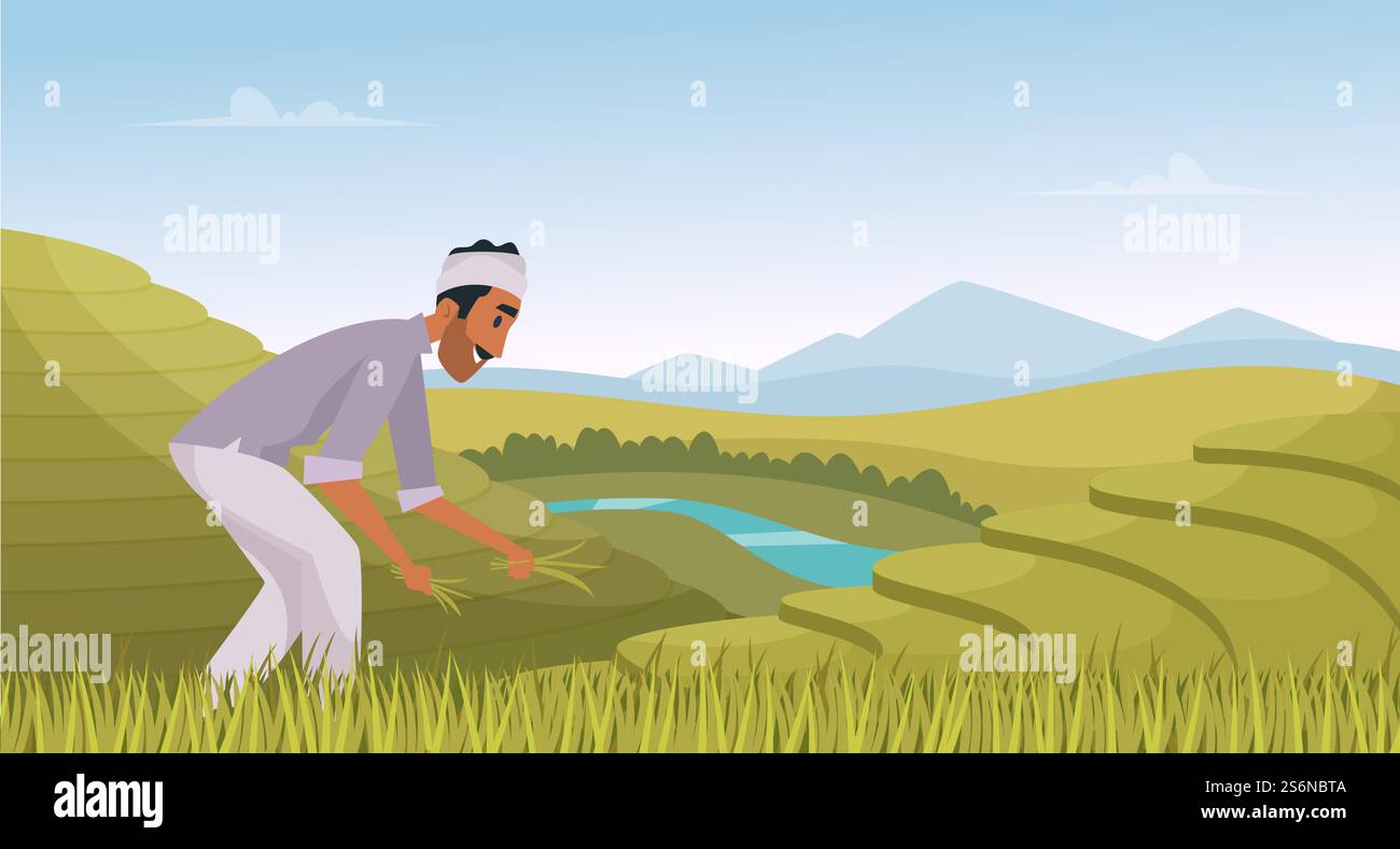 Indian agriculture landscape. Farmer working in indian rice fields ...