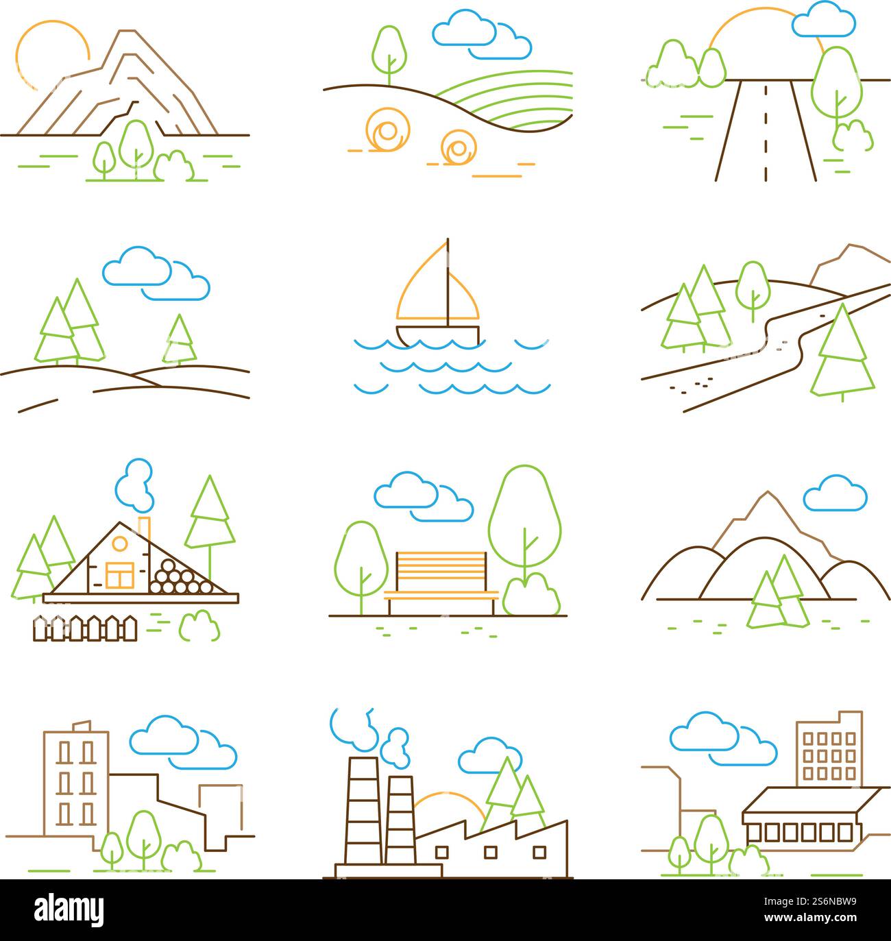 Outline landscapes. Thin line trees building houses outdoor park ...