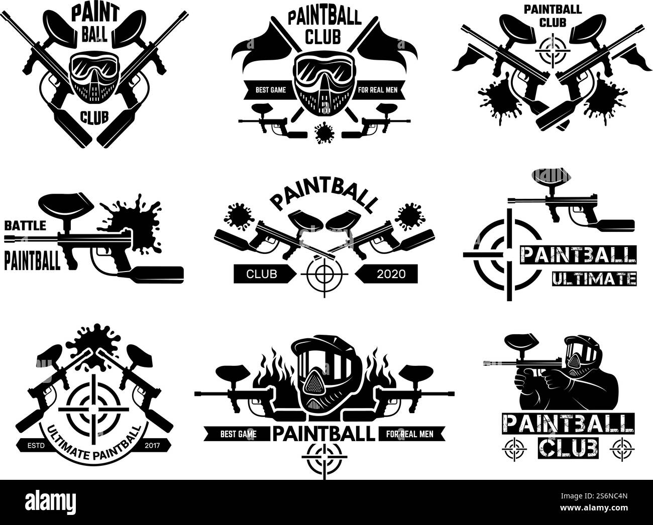 Paintball badges. Sport shields with gun paint shooter with weapons and ...