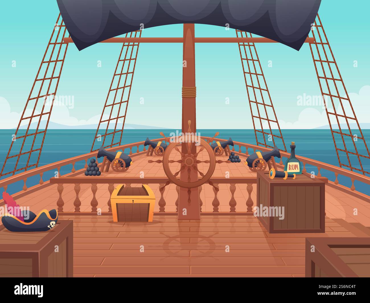 Wooden pirate ship. Captain bridge with steering wheel vintage shipping ...