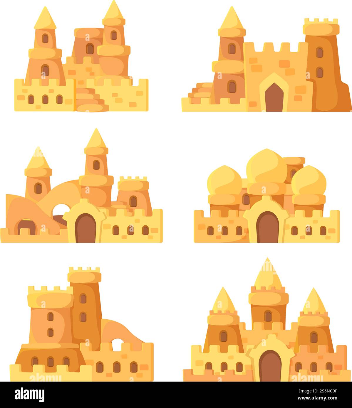 Sandcastles. Fairytale summer buildings on seaside shovel and bucket ...