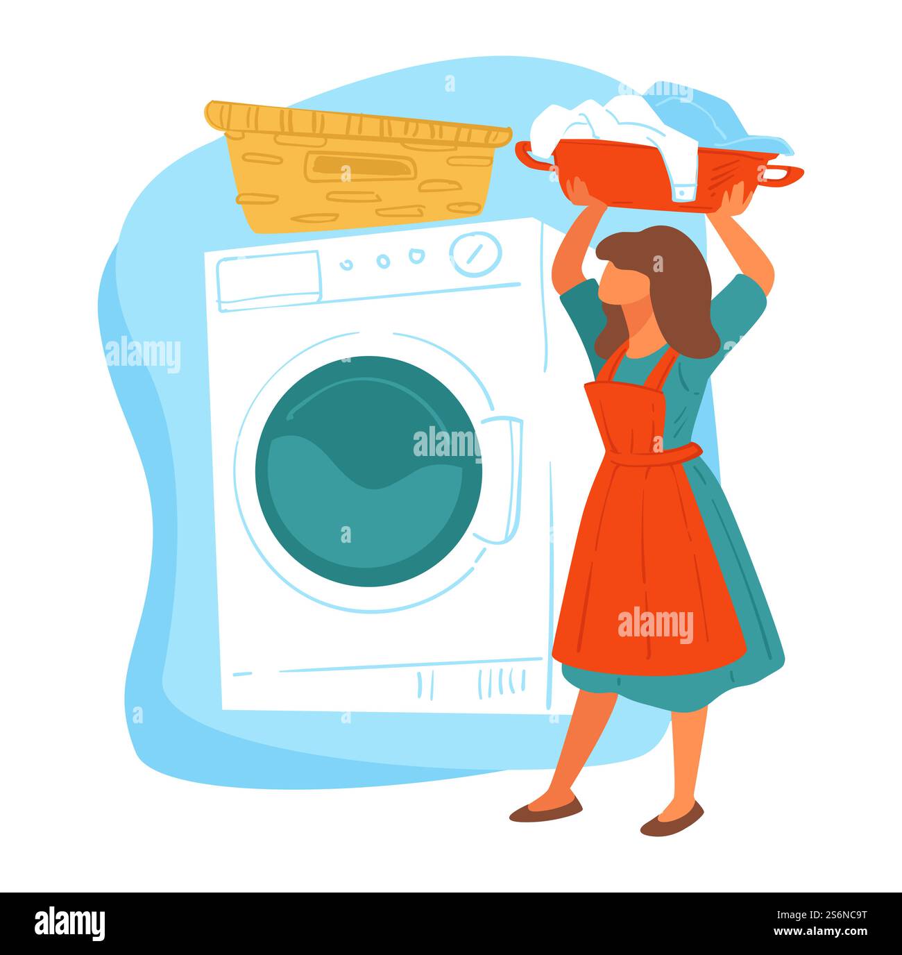 Maid or housewife washing clothes in laundry, daily chores and ...