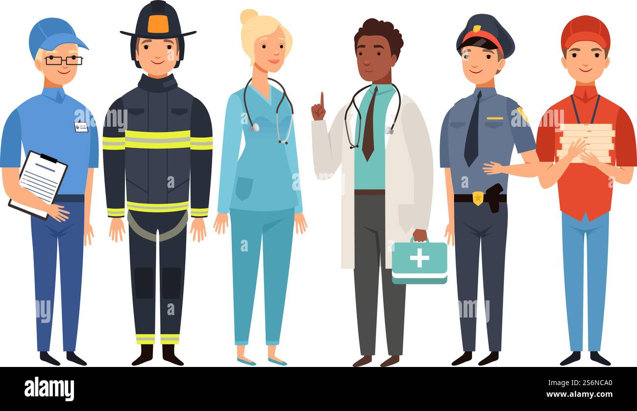 Essential workers. Isolated frontliners group, people working on virus ...