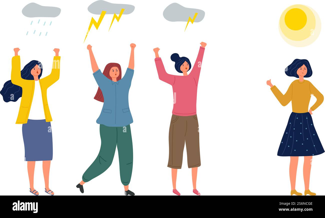 Bad good mood. Angry woman, happy girl. Positive or negative emotions ...