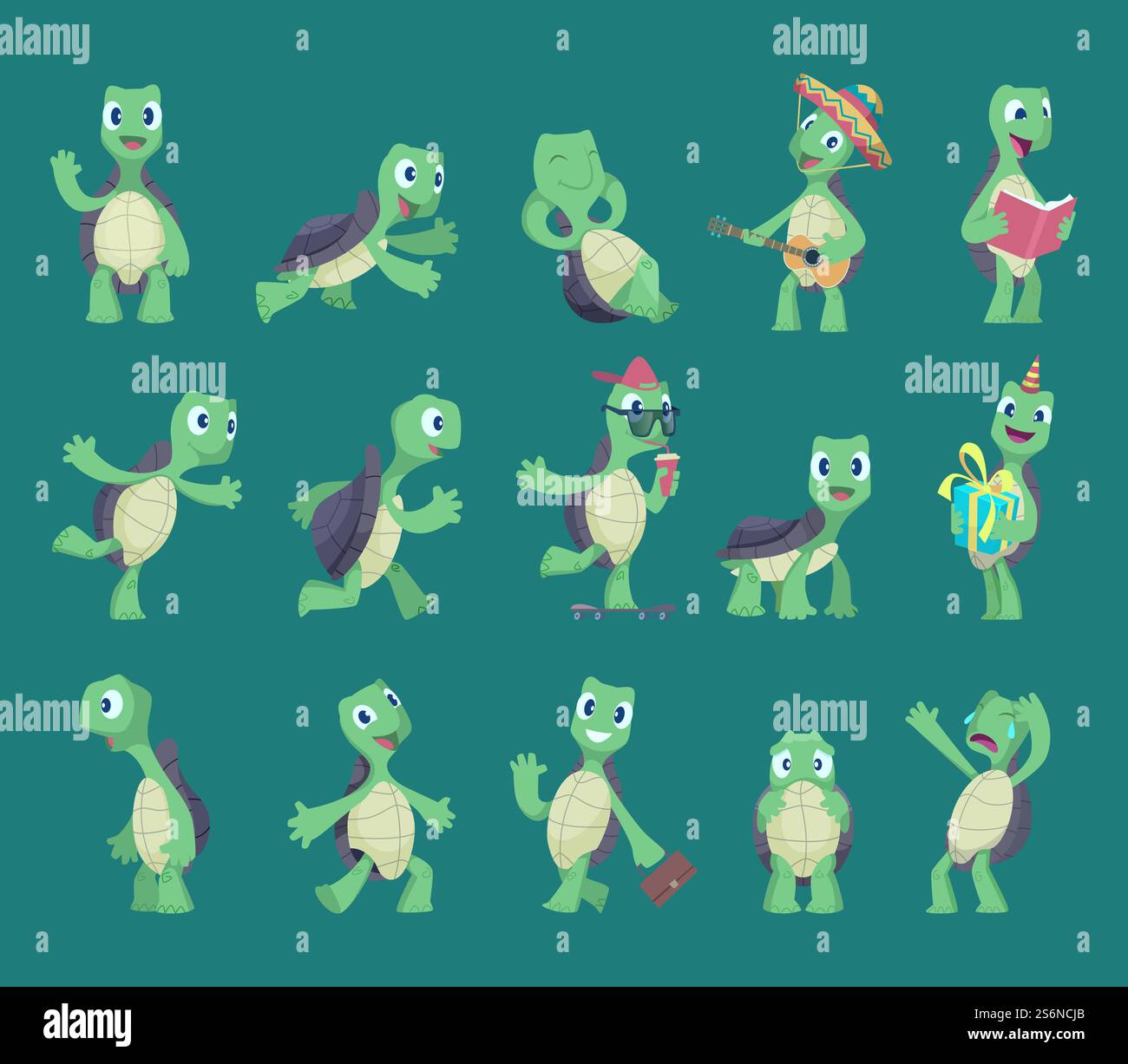 Turtles cartoon. Comic reptile funny characters in various action poses ...