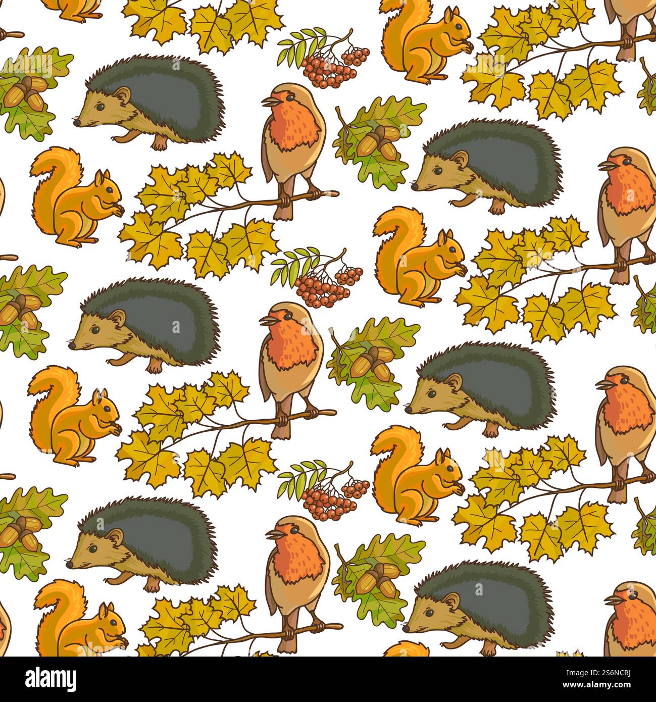 Hedgehogs and squirrels, birds sitting on branch of rowanberry seamless ...