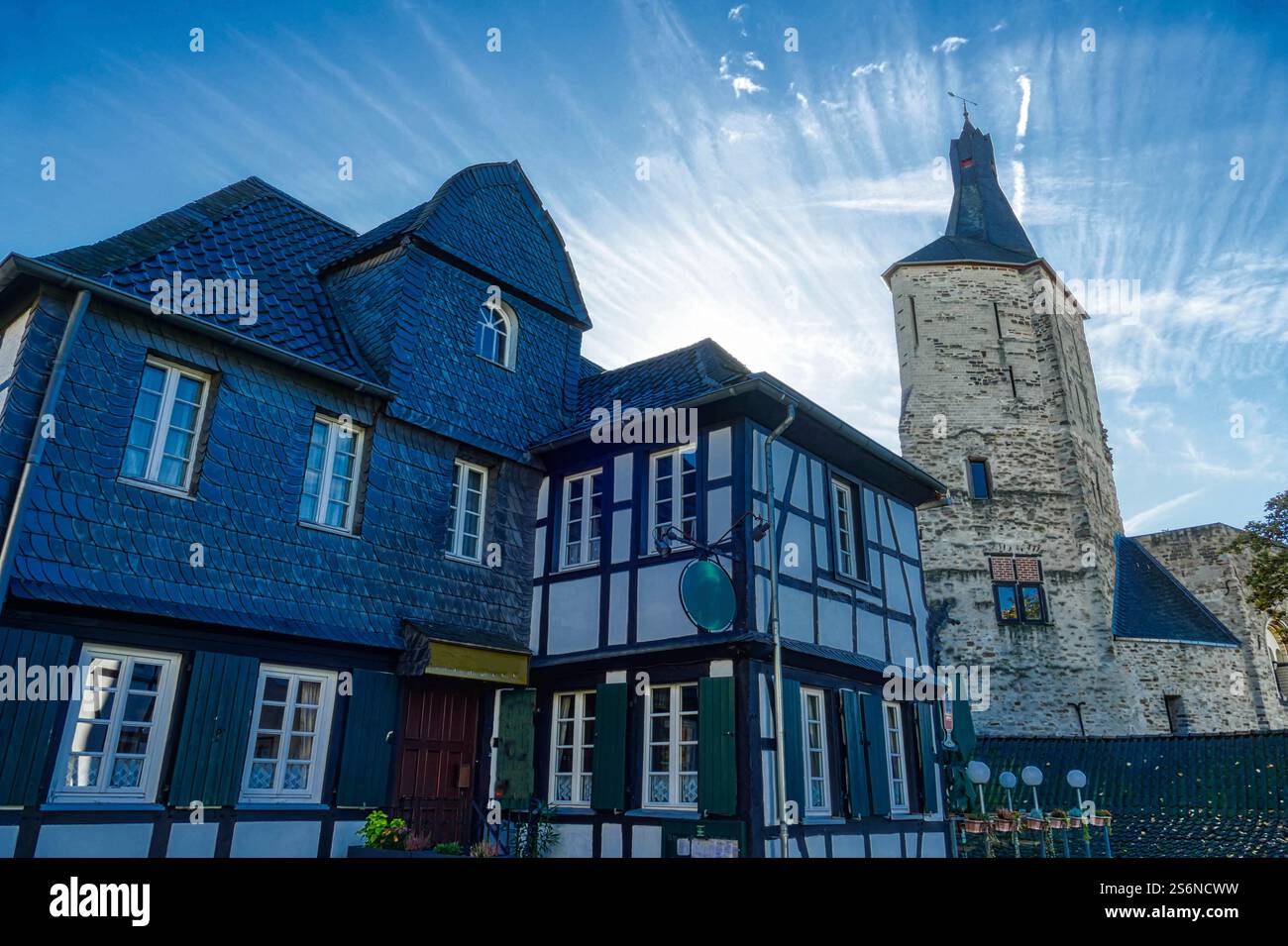Half-timbered buildings and castle in the historic town center of ...