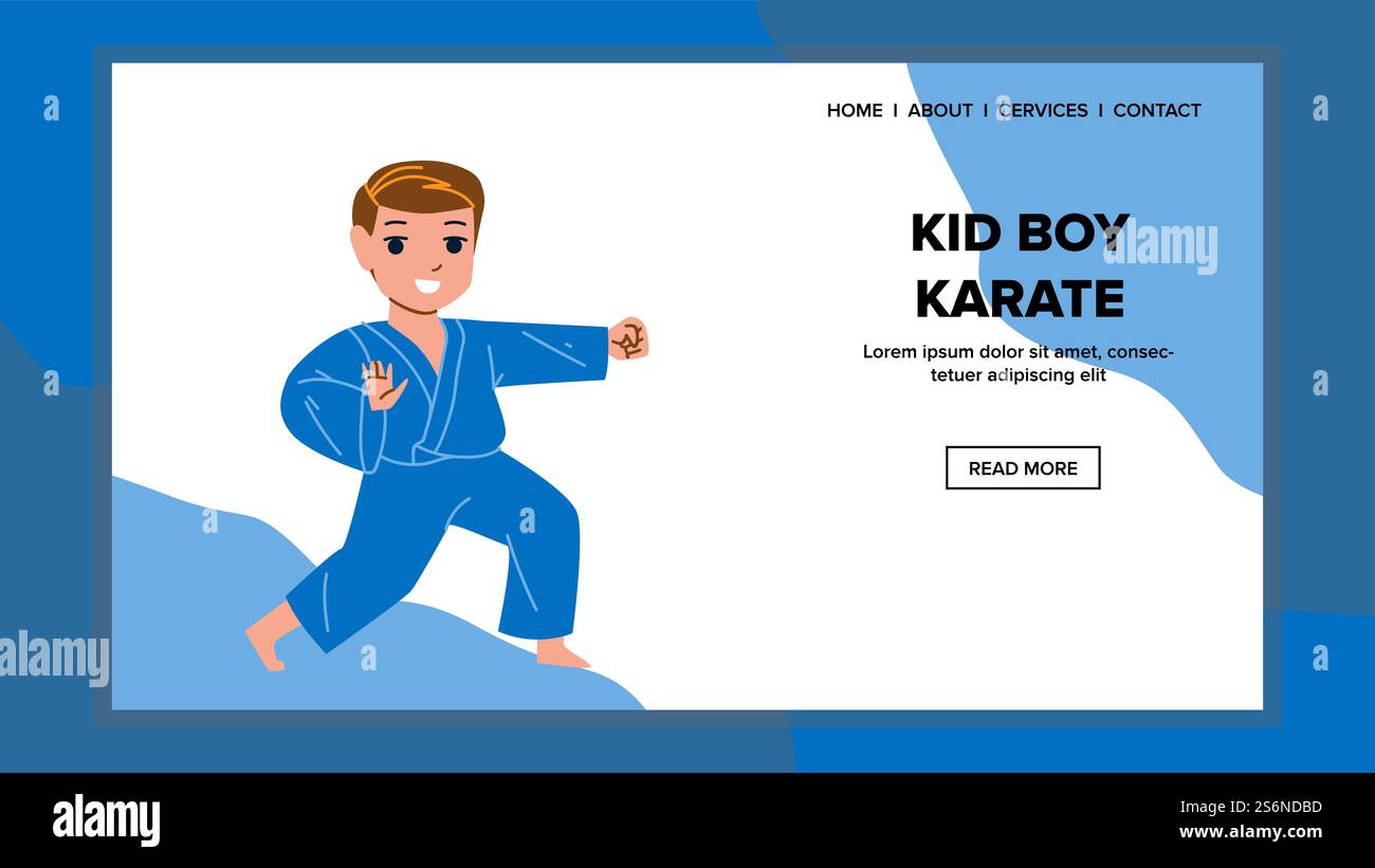 Kid Boy Training Karate Reception In Class Vector. Little Schoolboy ...