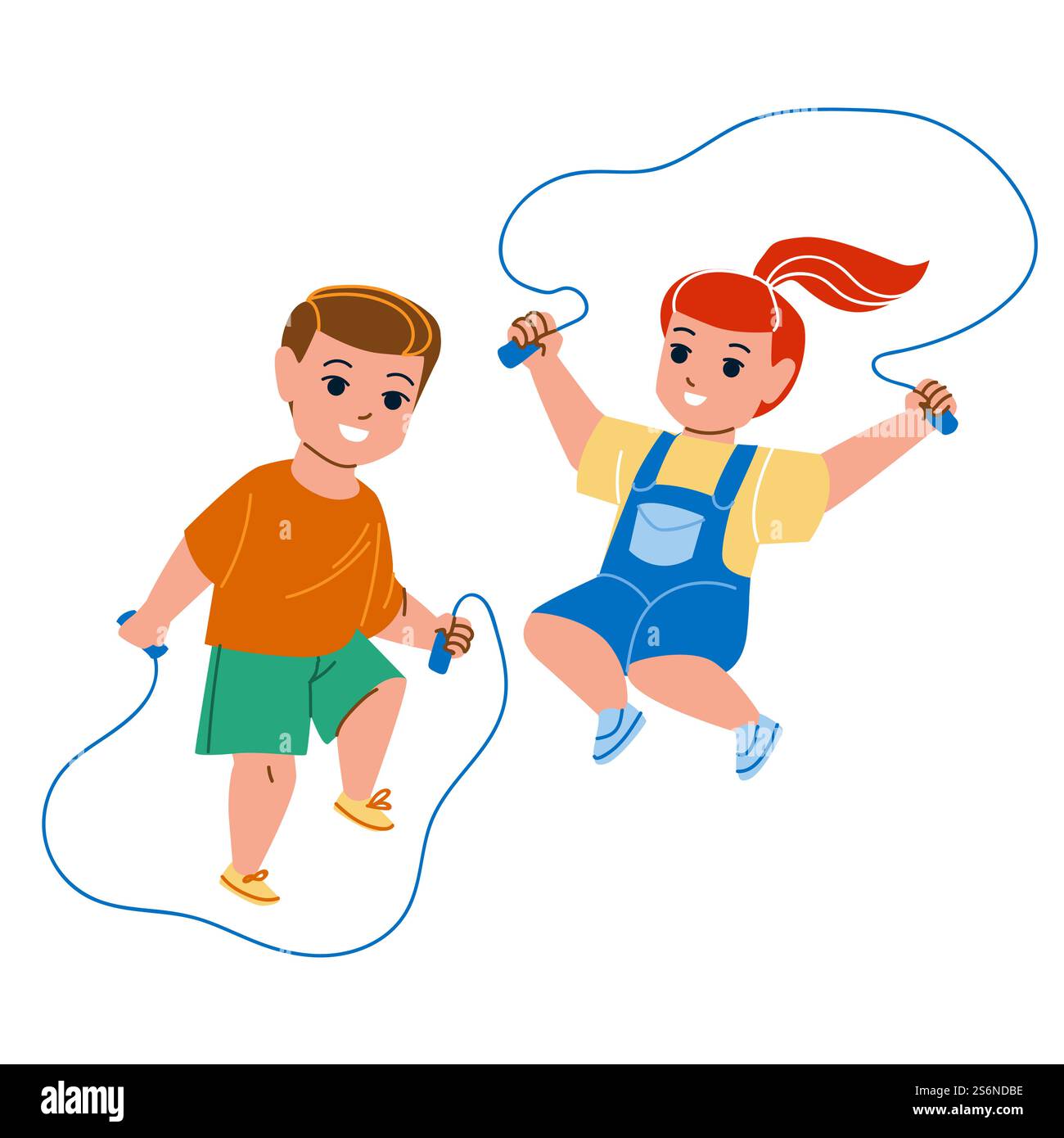 Children Jumping Rope Skipping Together Vector. Little Boy And Girl Kids Jump Rope Skipping On ...