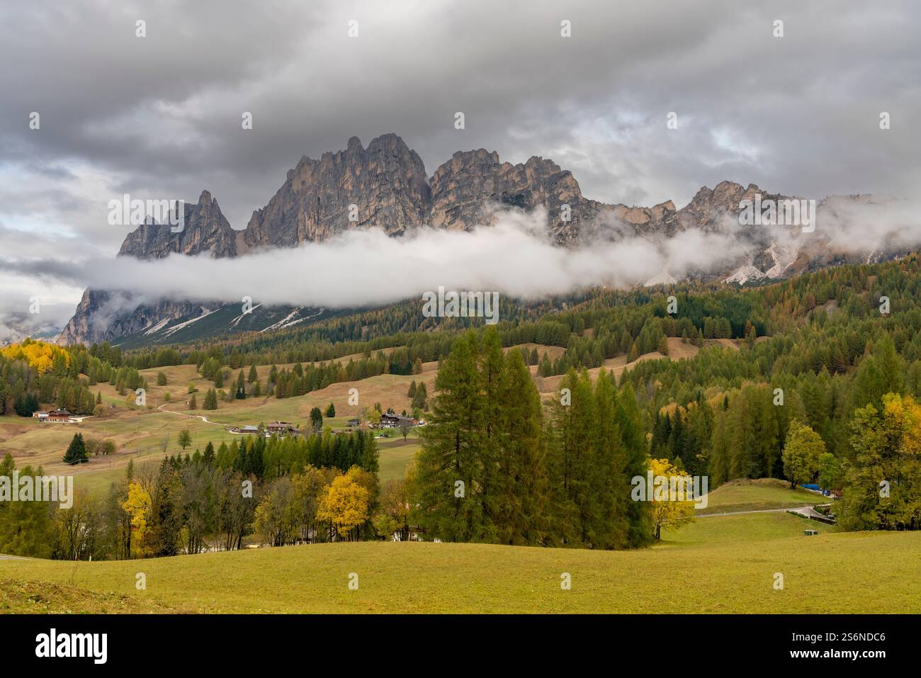 The Dolomite mountain range with fall foliage color Italy, Europe Stock ...