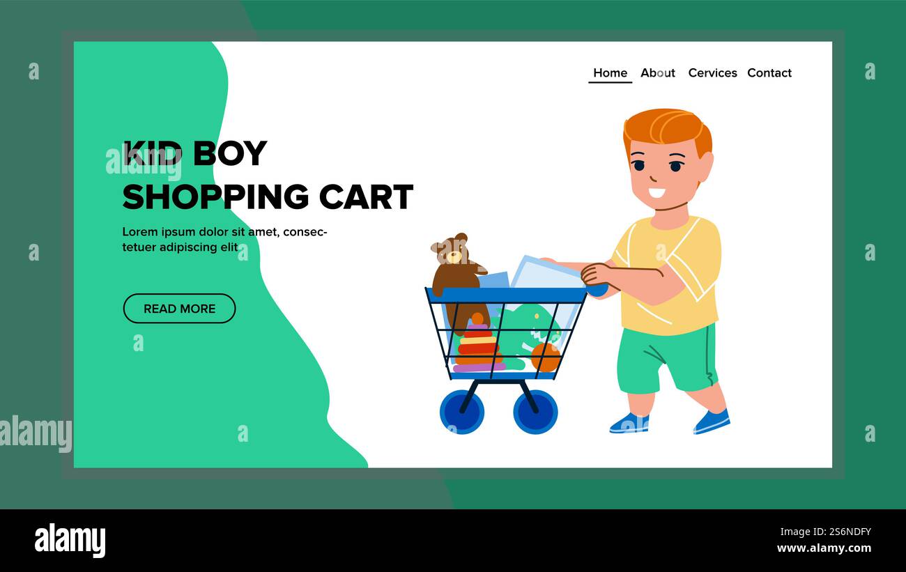 Kid Boy With Shopping Cart In Toy Store Vector. Child With Shopping ...