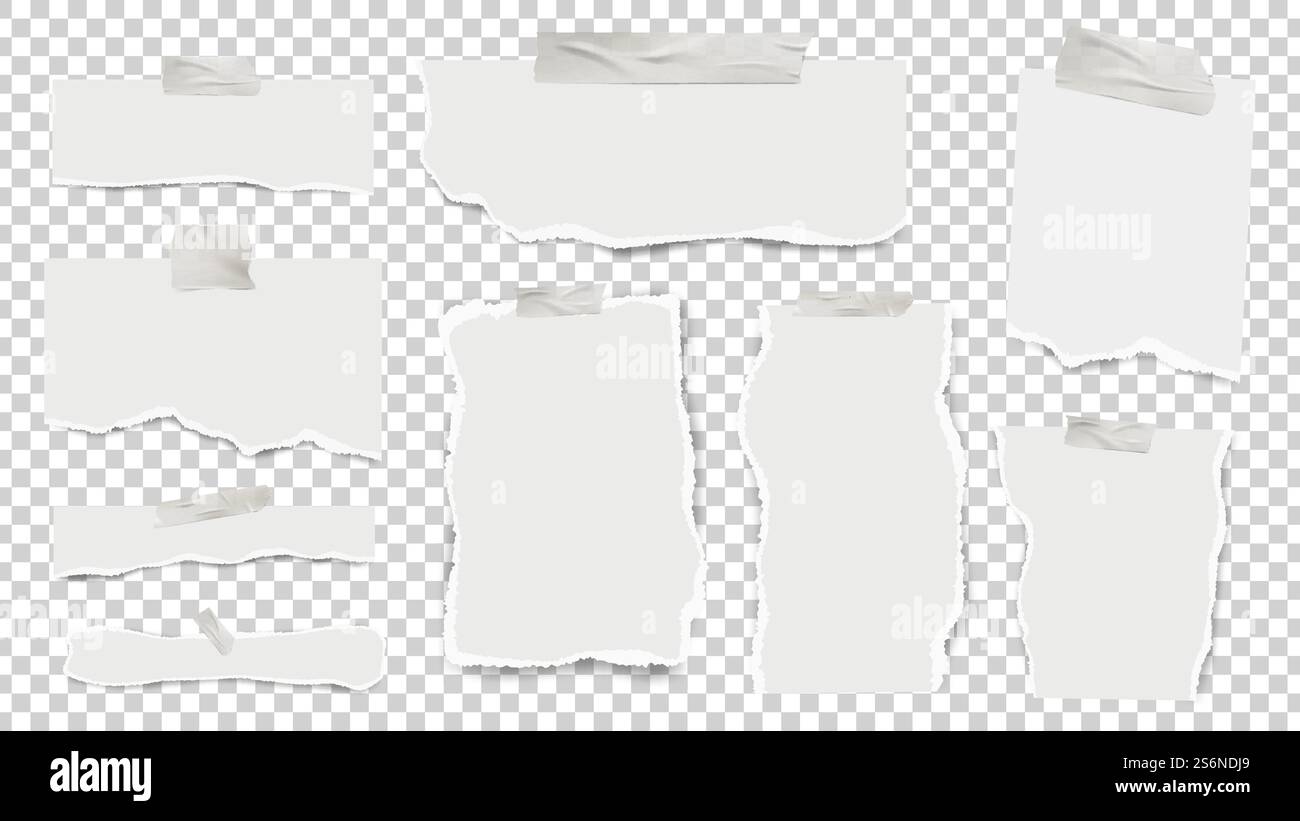 Ripped notes paper. Realistic sheets glued with tape, empty blank ...