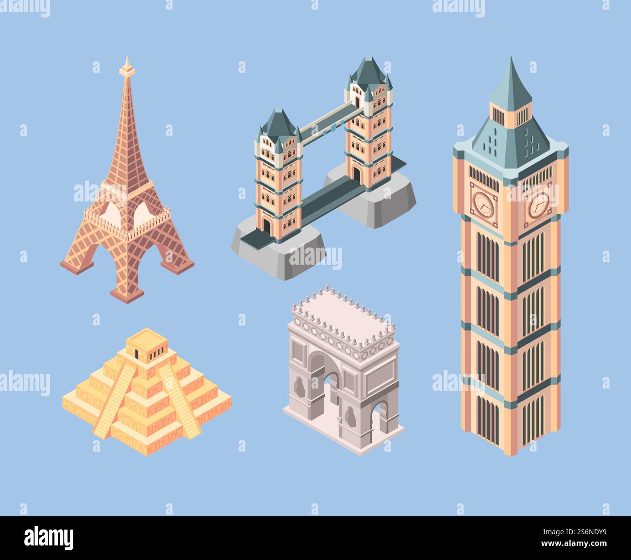 Landmarks isometric. World famous buildings travelling symbols bridges pyramid towers vector ...