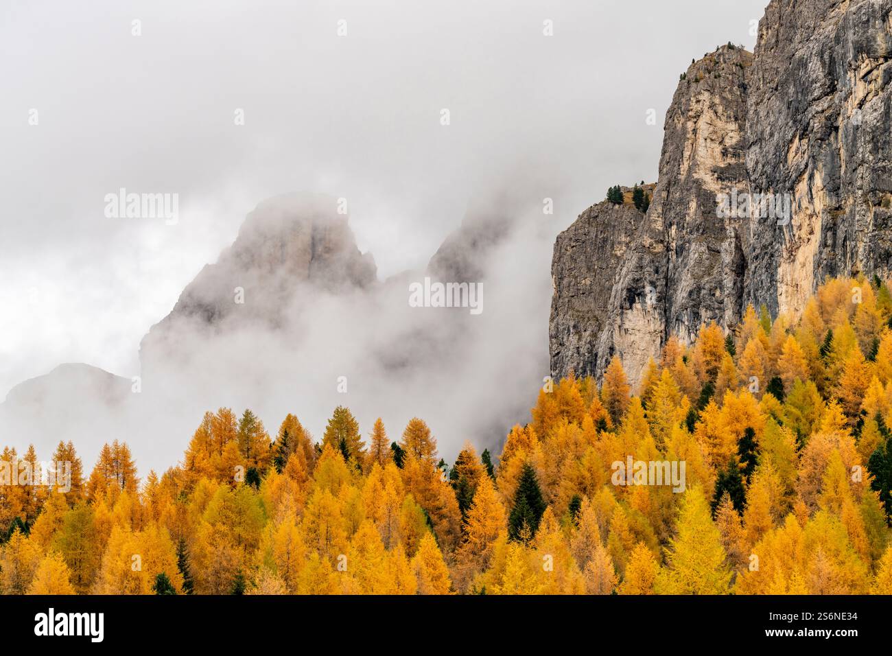 Mountains, low hanging clouds and fall foliage color along the Gardena ...