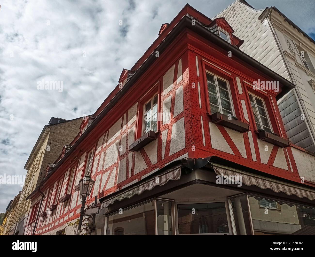Historic half-timbered house and lantern in Boppard Stock Photo - Alamy