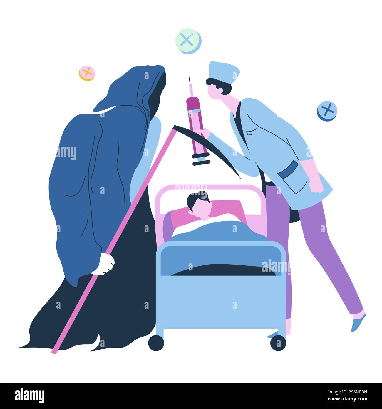 Grim reaper and doctor fighting for life of weak boy patient laying on ...
