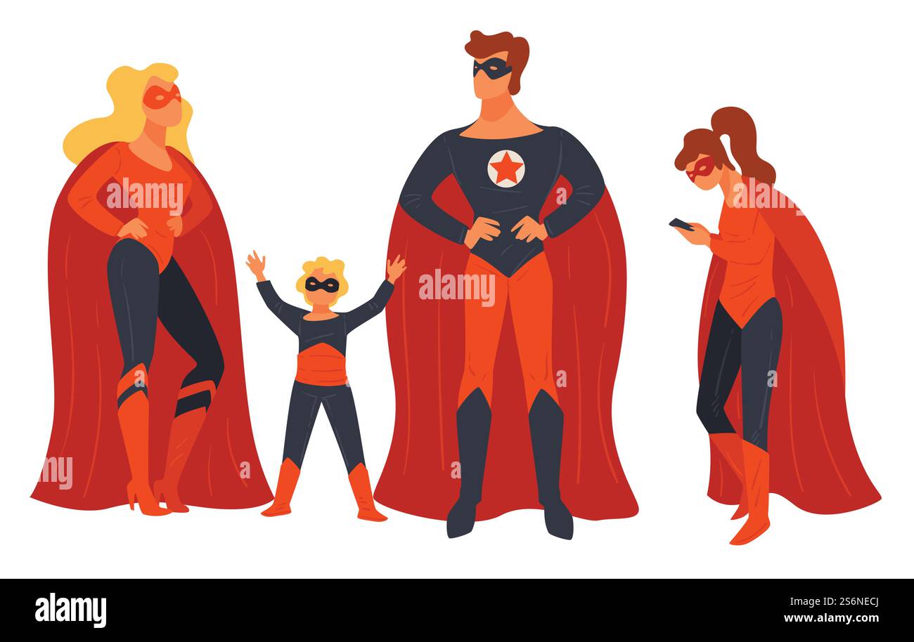 Family of super heroes, mother and father wearing costumes. Kids ...