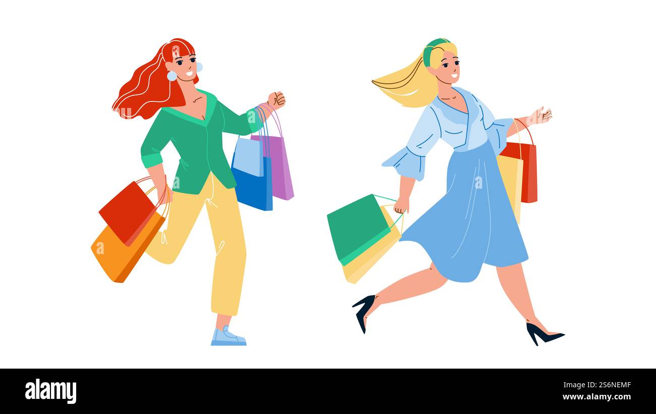 Women Running On Sale Shopping Together Vector. Happy Girls Shoppers ...