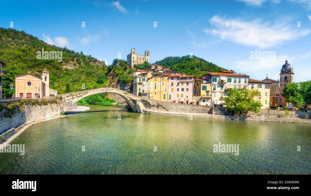 Old Bridge, church and castle in Dolceacqua. The medieval bridge was ...