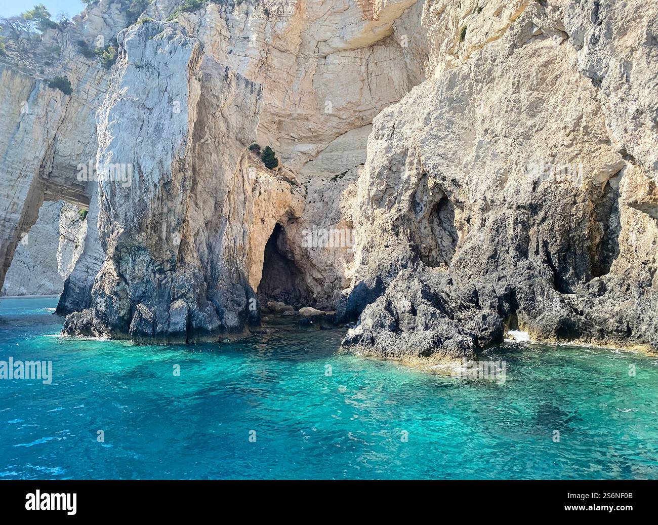 Rock arches of Blue Caves in Zakynthos, Greece. View from sightseeing ...