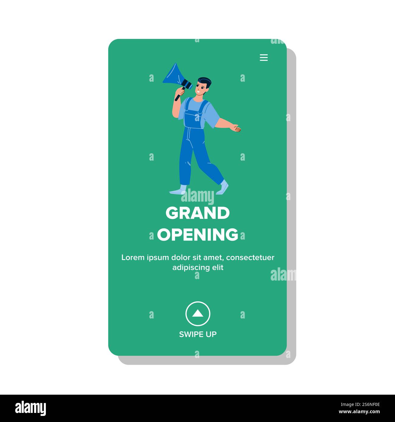 Grand Opening Advertising Man In Megaphone Vector. Guy With Loudspeaker ...