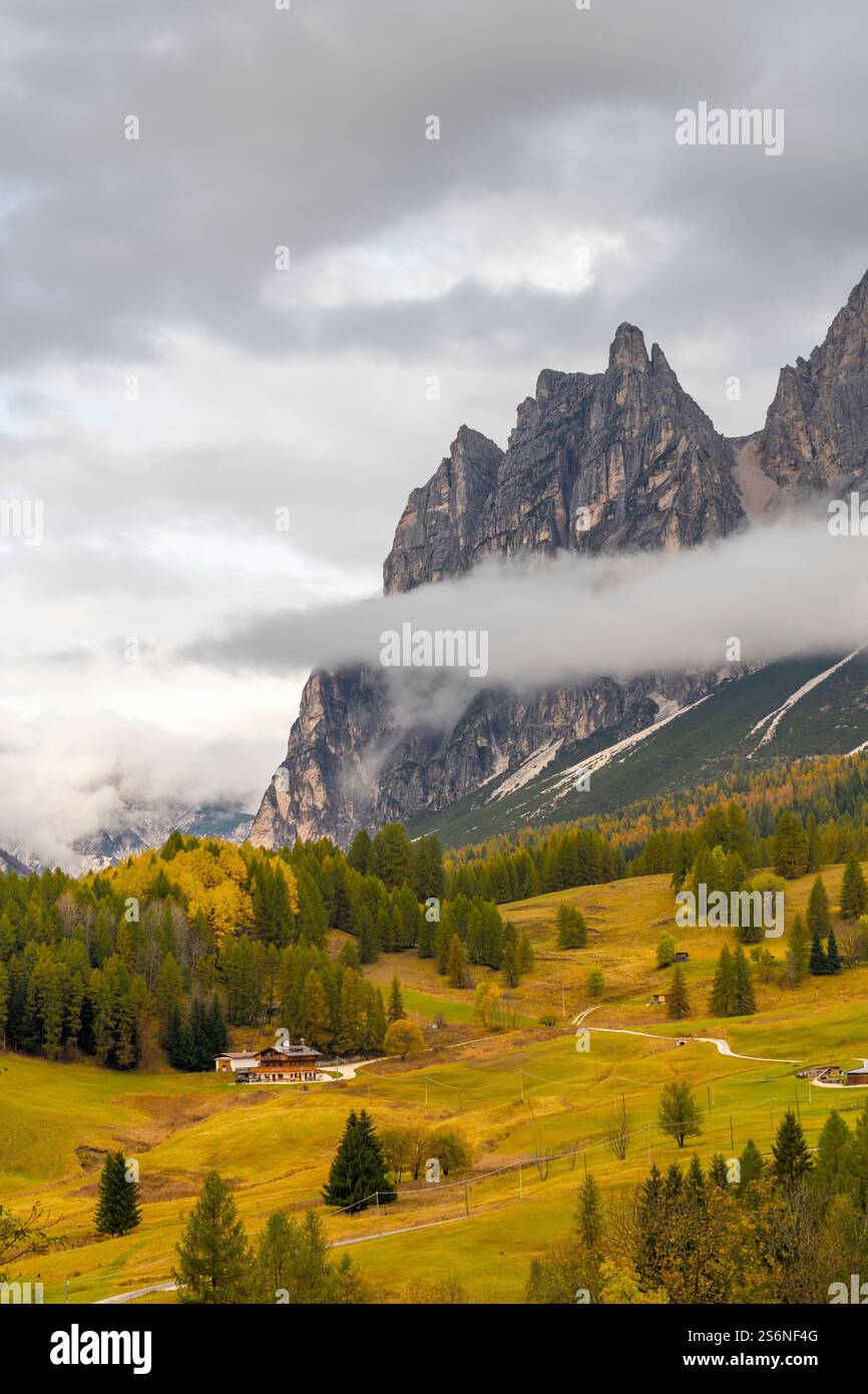 The Dolomite mountain range with fall foliage color Italy, Europe Stock ...