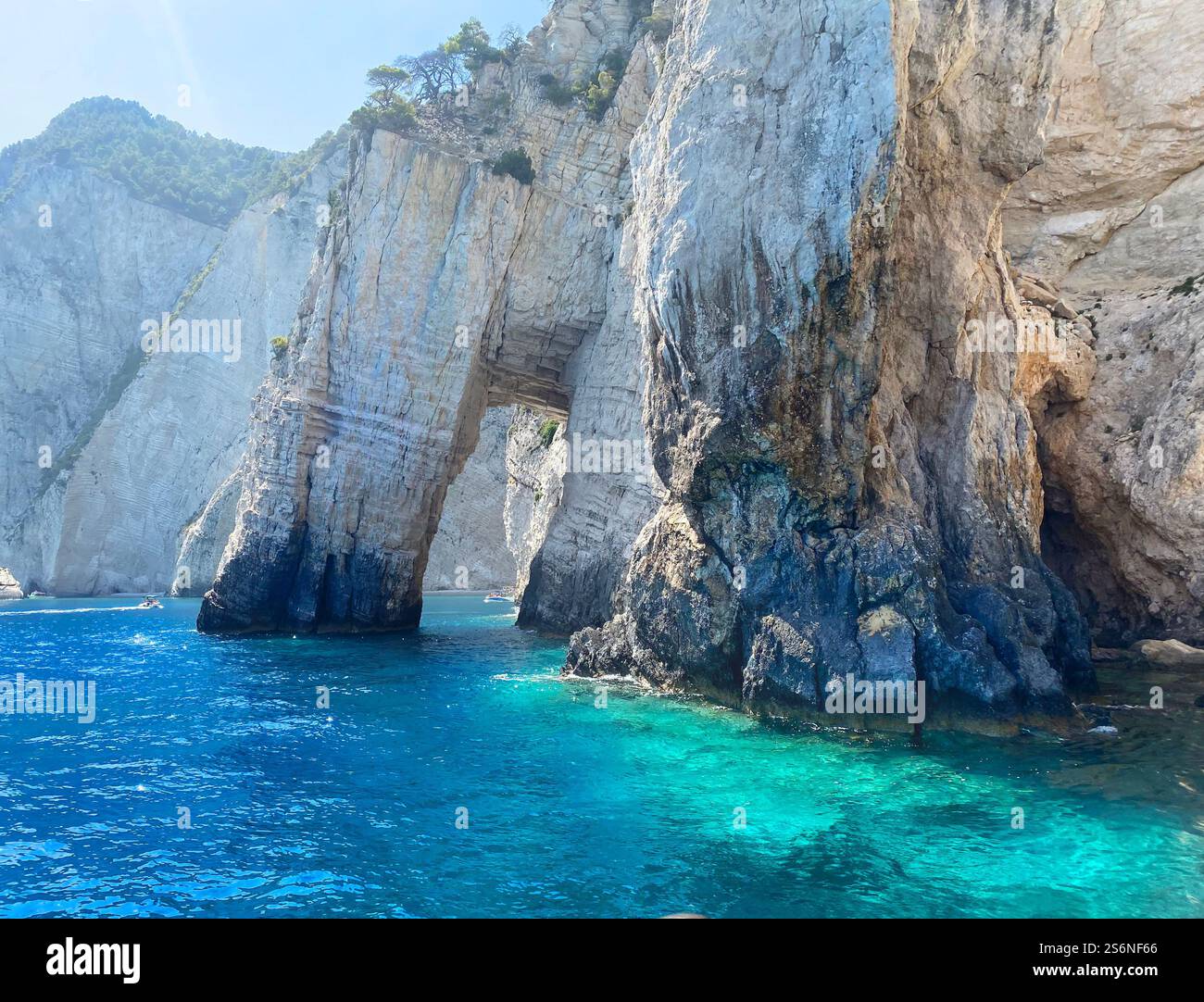 Rock arches of Blue Caves in Zakynthos, Greece. View from sightseeing ...