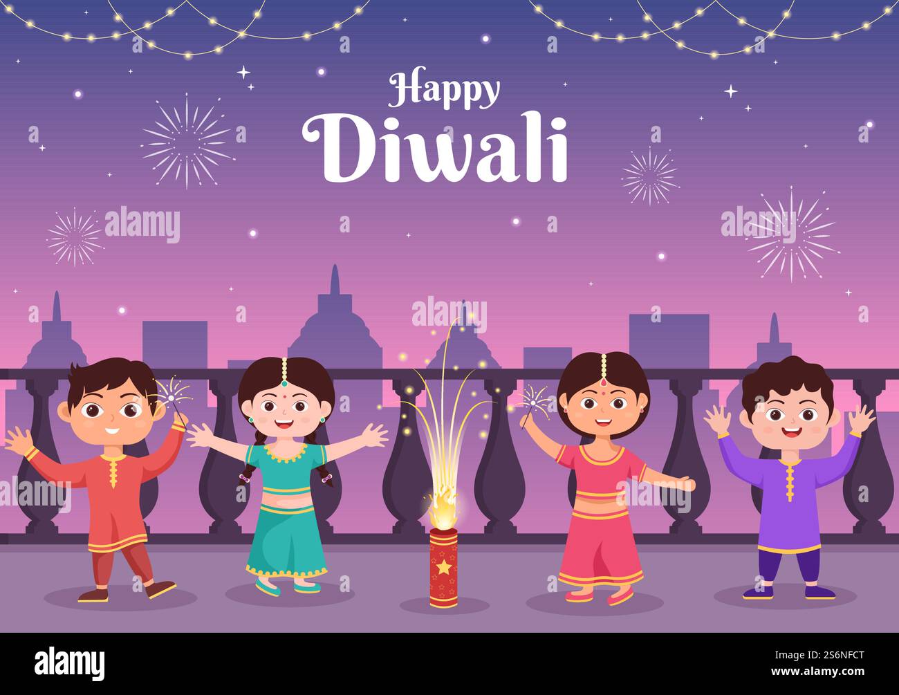 Cute Indian Kids Celebrating Diwali Day Holding Lanterns, lighting ...