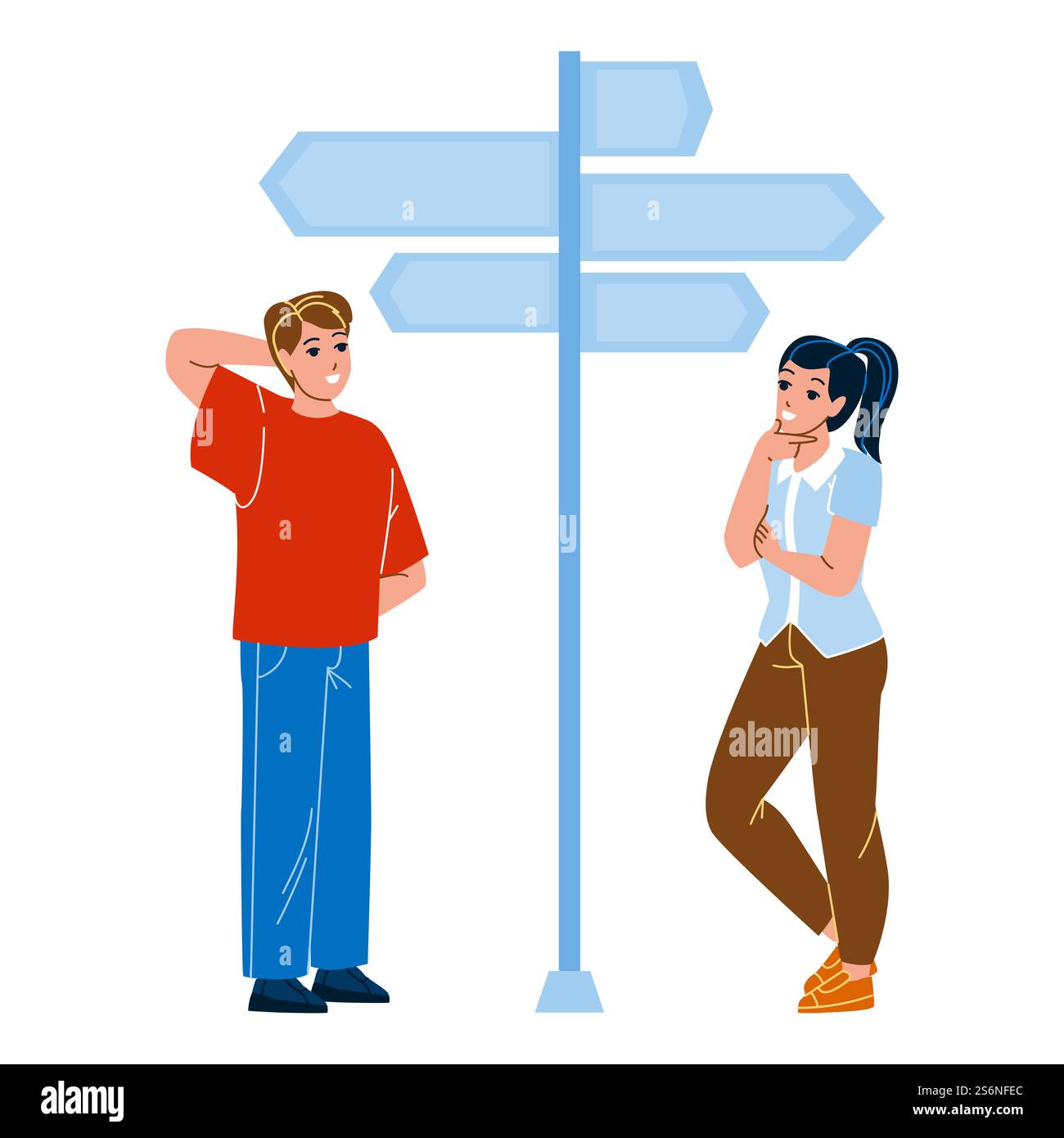 Man And Woman Couple Choosing Direction Vector. Thoughtful Boy And Girl ...