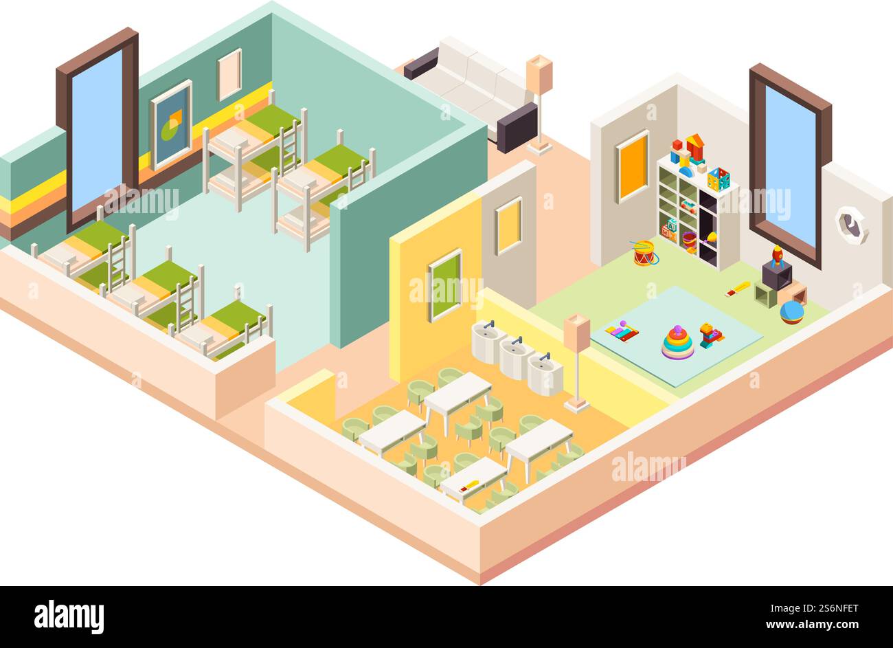 Kindergarten interior. Playground room preschool building with kitchen ...