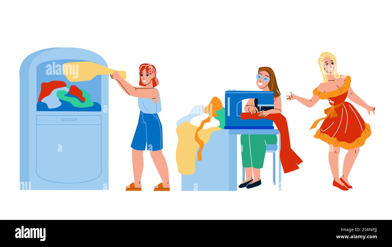 Recycle Fashion Clothes Business Process Vector. Woman Throw Out Used ...