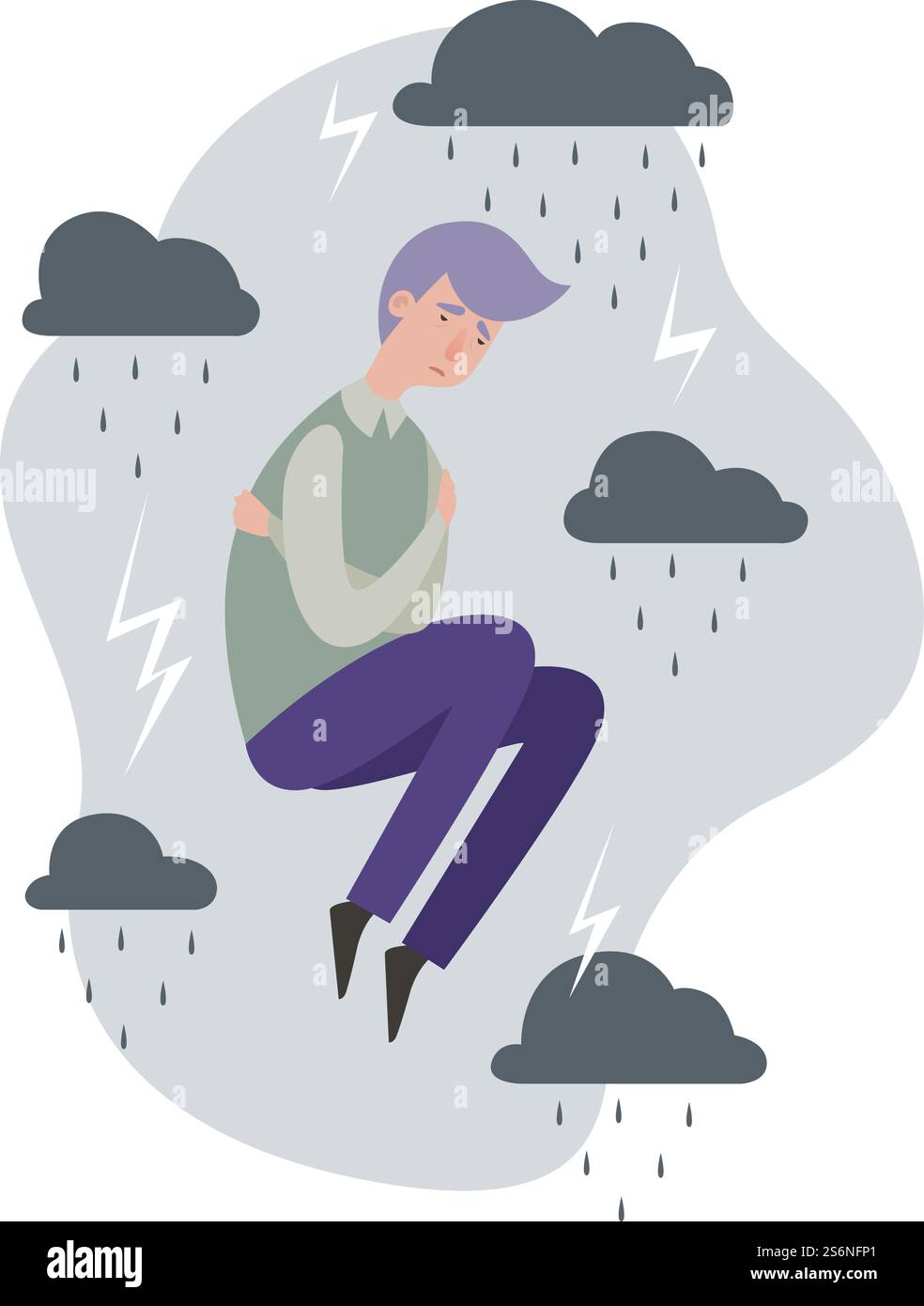 Depression metaphor. Sad man, grey clouds with lightnings and rain ...