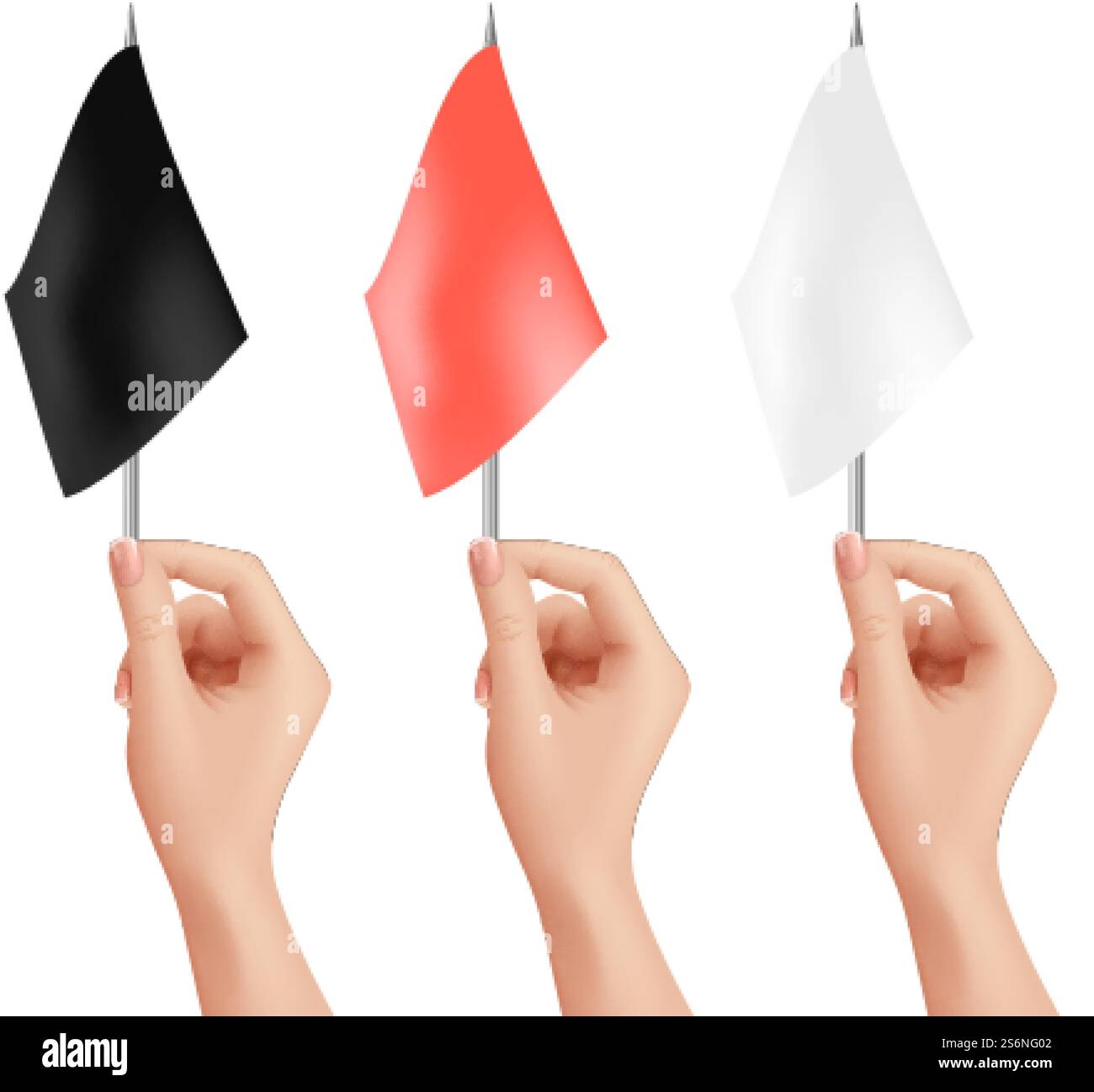 Hands holding flags. Isolated red, black, white checkbox vector illustration. Empty flag ...