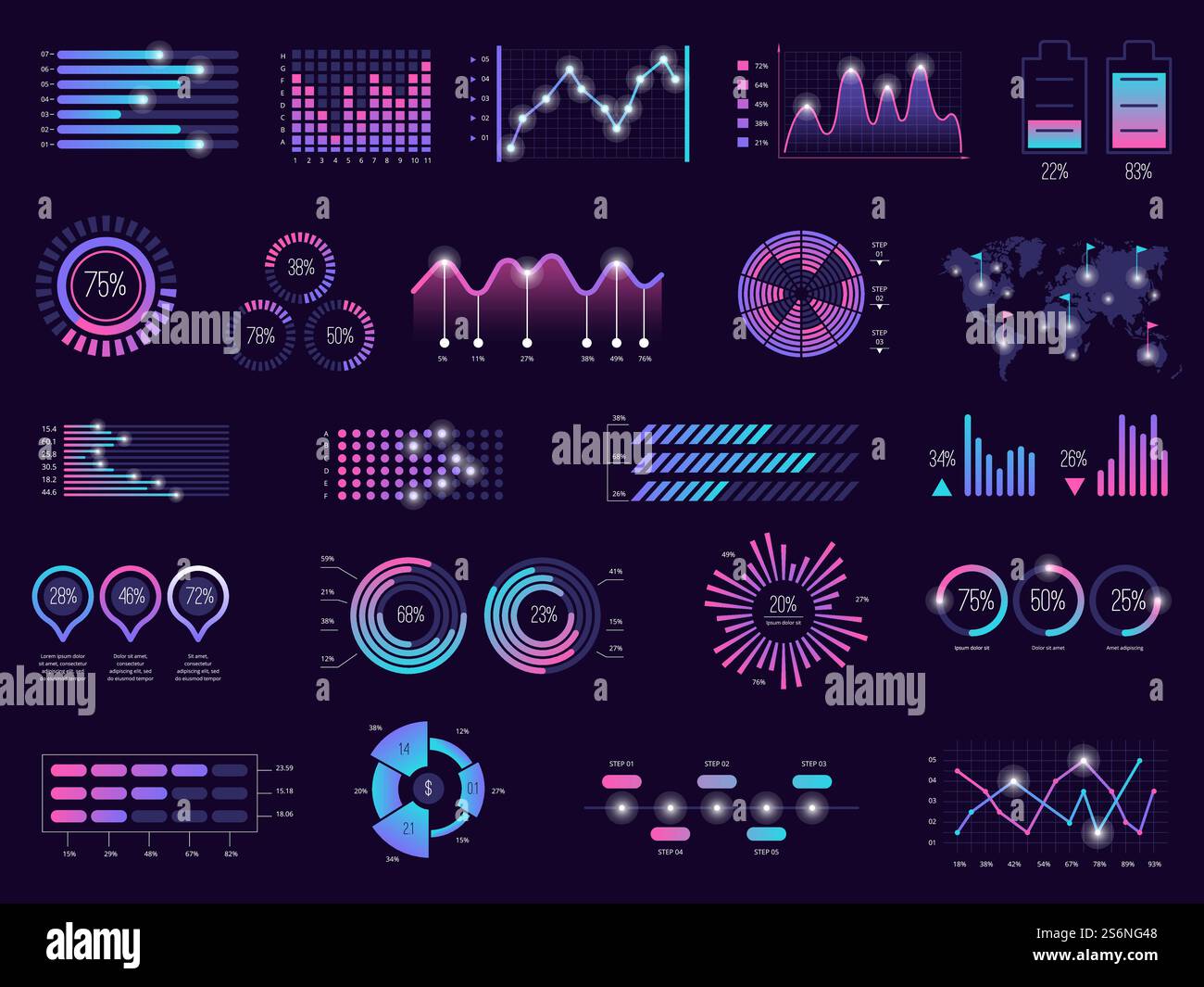 Business infographic. Charts futuristic graphs holographic bar ui panels dark theme vector ...