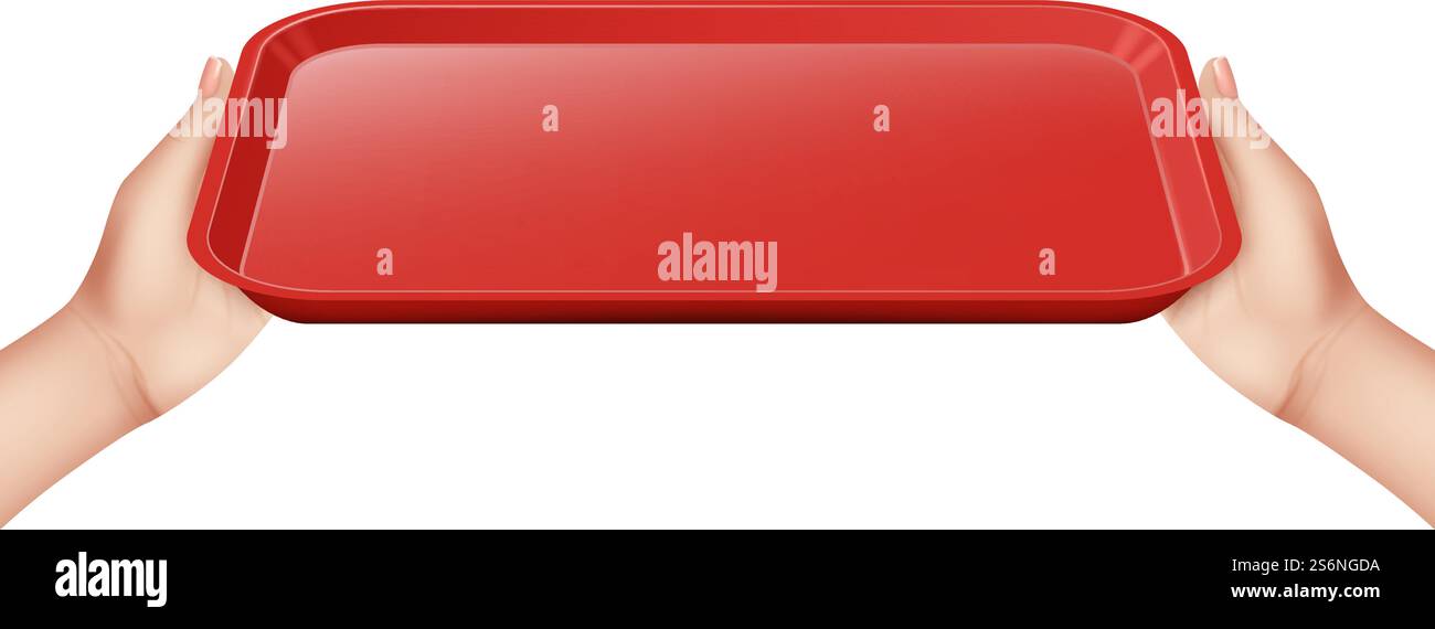 Tray in hands. Restaurant waiter holding plastic empty tray vector ...