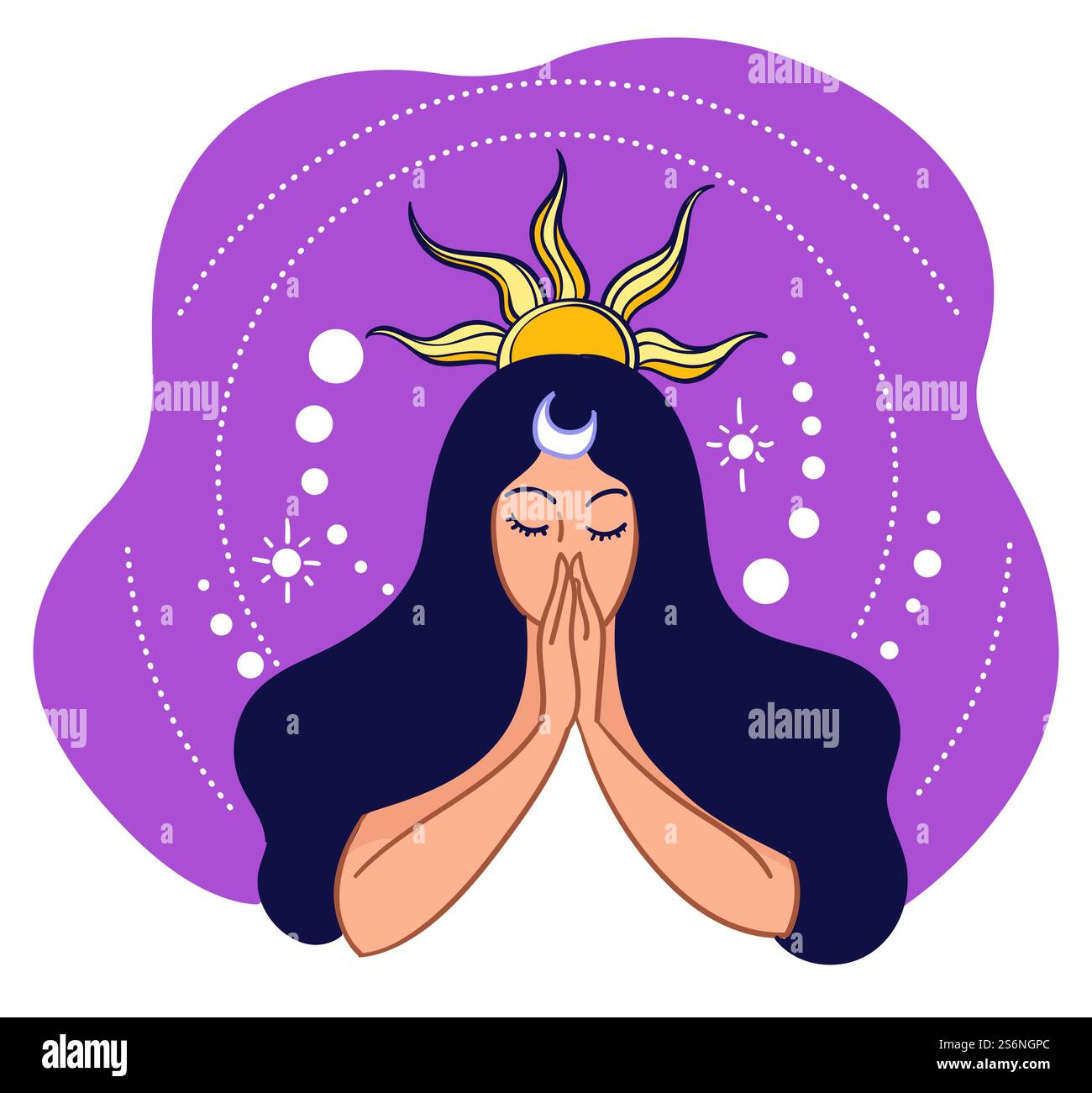 Magic and witchcraft, woman with crescent moon and sun symbol on head ...