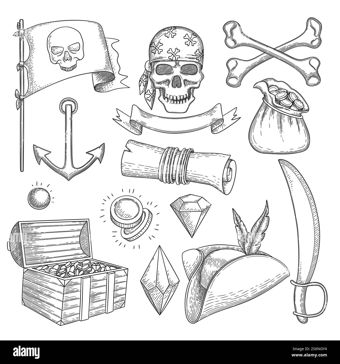 Pirate items. Ship sea adventure elements treasure chest cross star map ...