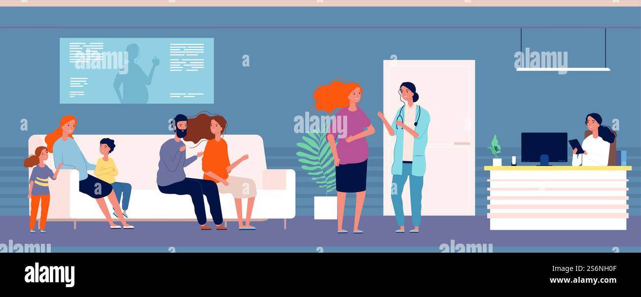 Pregnant women at doctor queue to gynecologist office hi-res stock ...