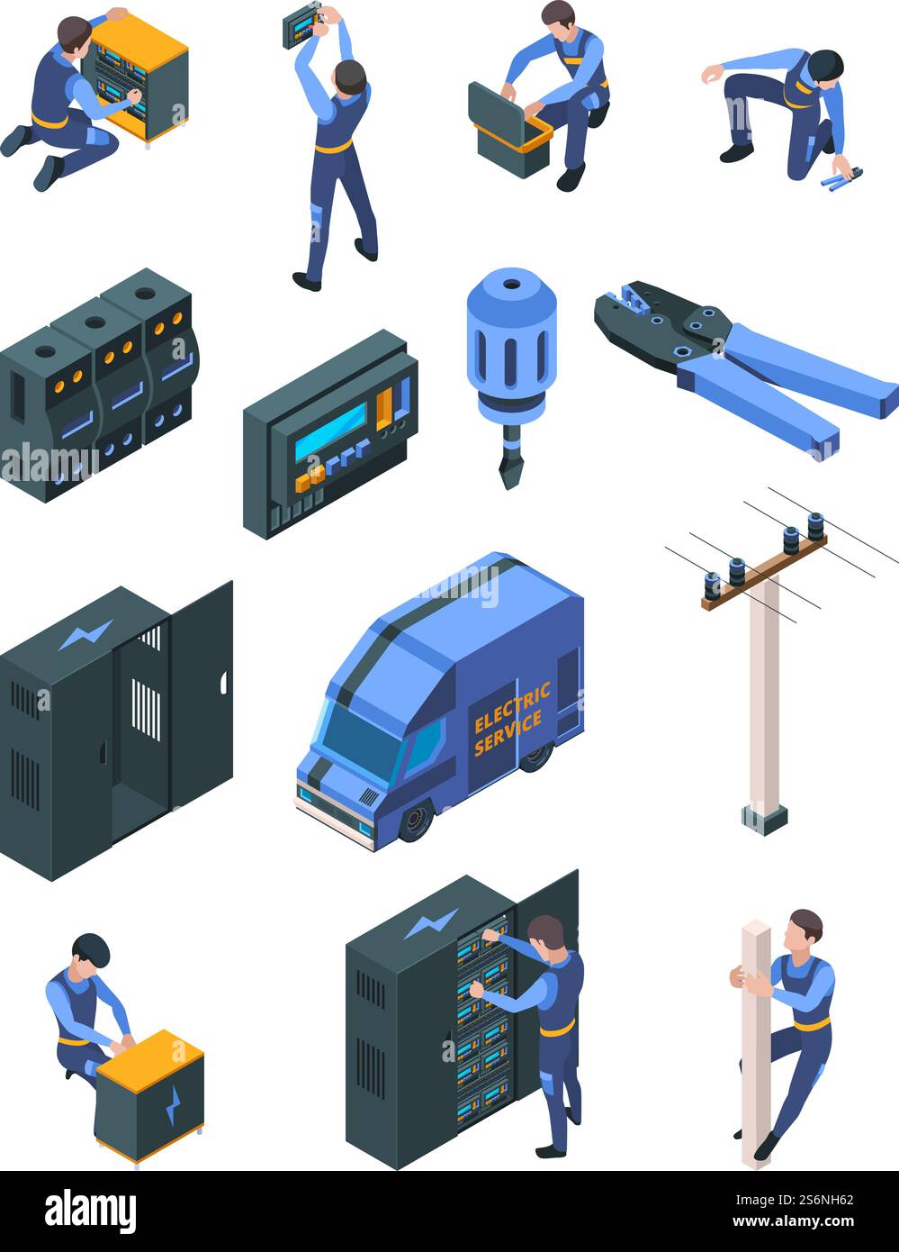 Electrician working. Isometric people in uniform making safety electric ...