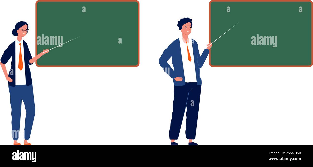 Teachers at blackboard. Male female professors, trainees in school or college. Studying process ...