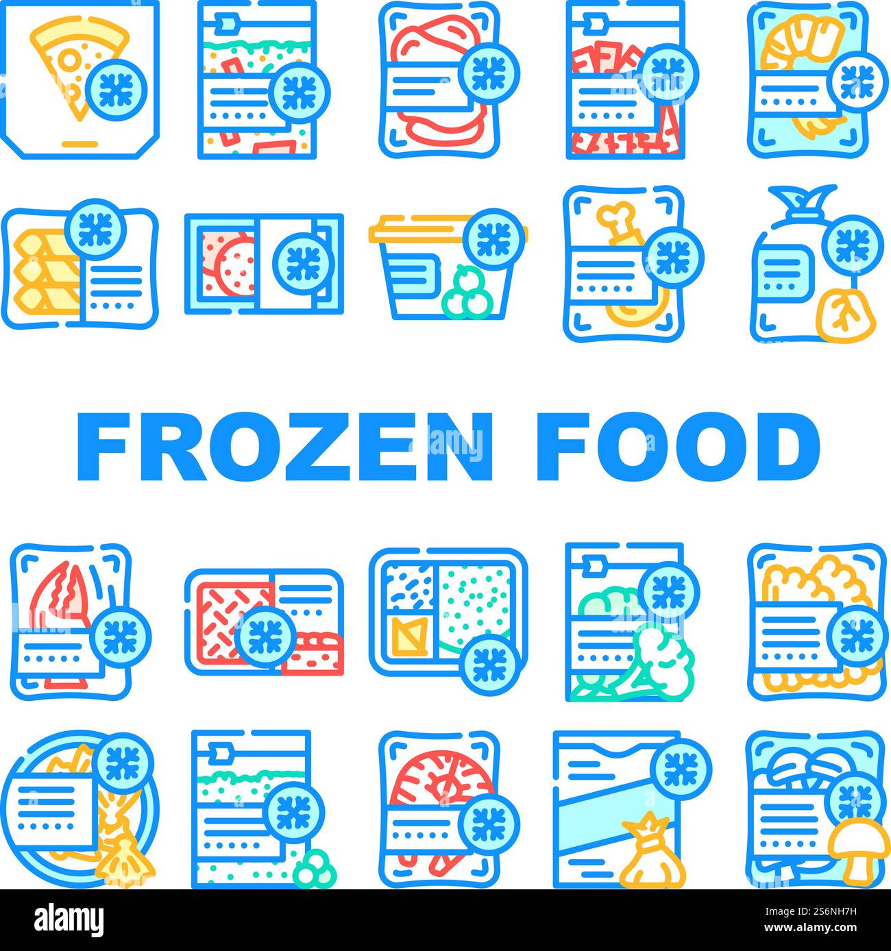 Frozen Food Storage Packaging Icons Set Vector. Broccoli And Mushrooms ...