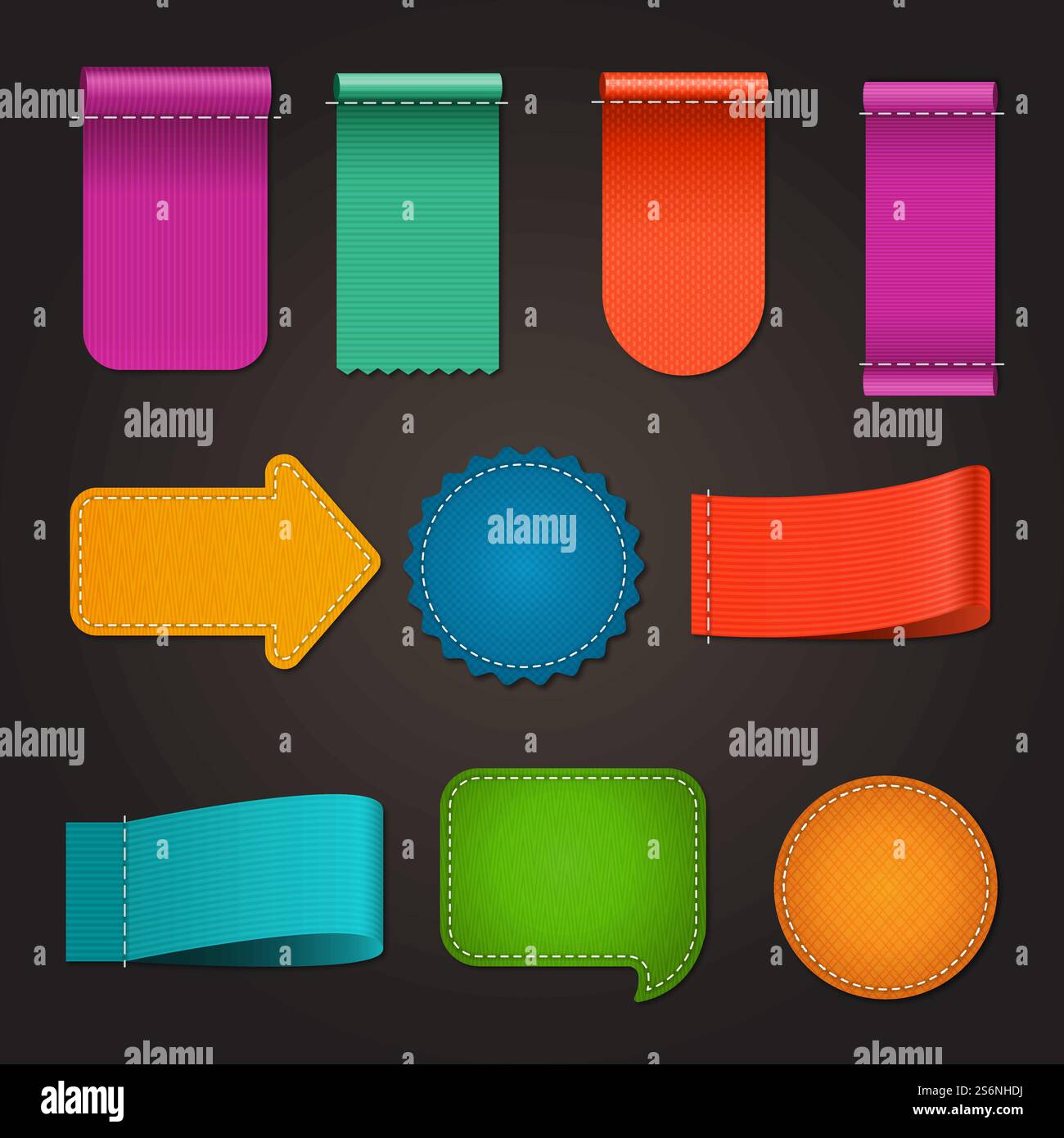 Fabric banners. Textile tags with stripped thin white sewing line ...