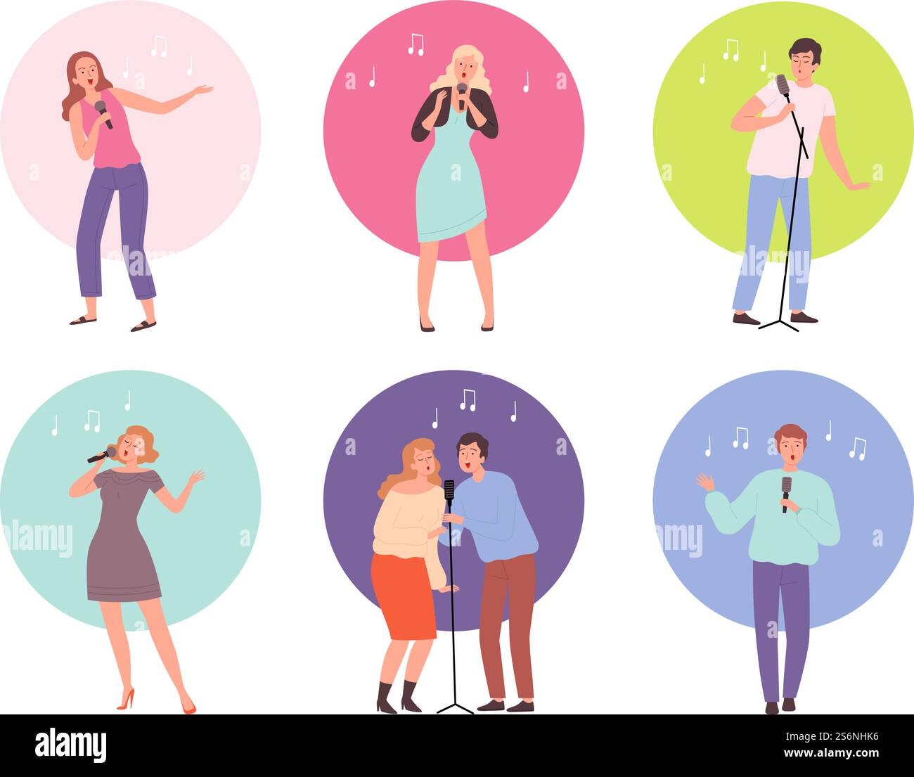 Singing characters. Adult people in karaoke club singing solo popular ...