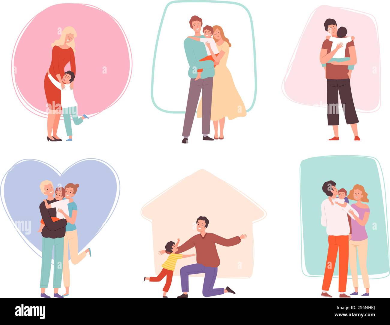 Hugging kids. Parents embrace their children. Happy family characters ...
