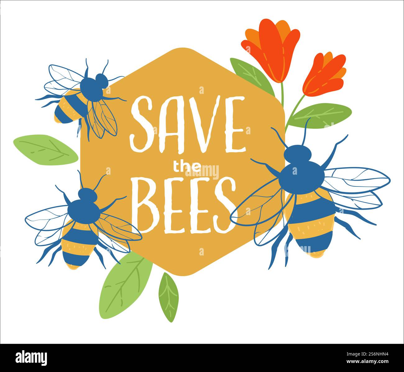 Bees with flowers and beehive, isolated banner with inscription and ...
